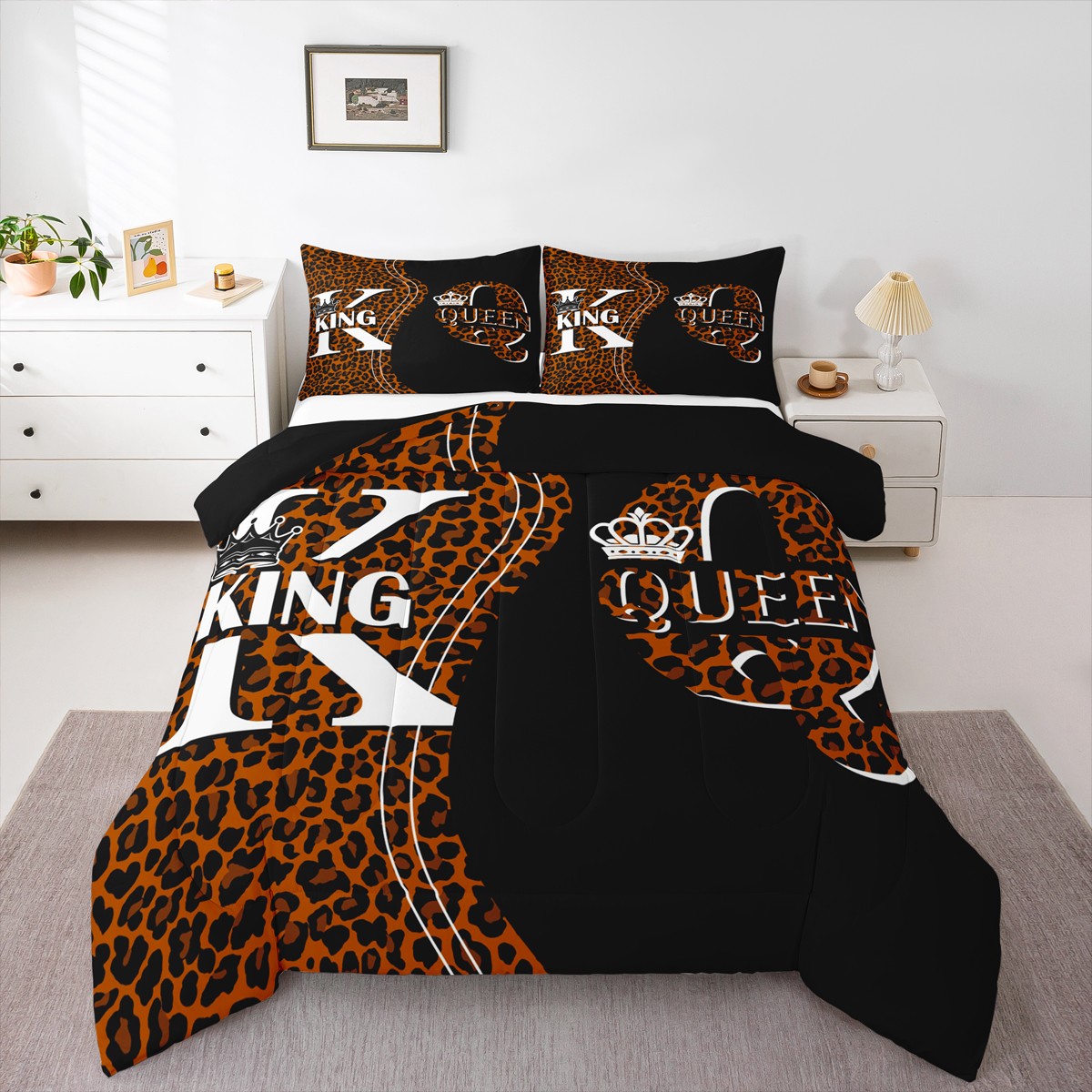 jejeloiu Cheetah Pattern Full Size Comforter Sets,King And Queen Crown ...
