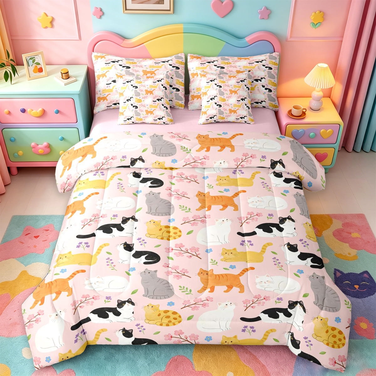 jejeloiu Cherry Blossom Cat 7pcs Bedding Comforter Set Kids,Cute Kitten ...