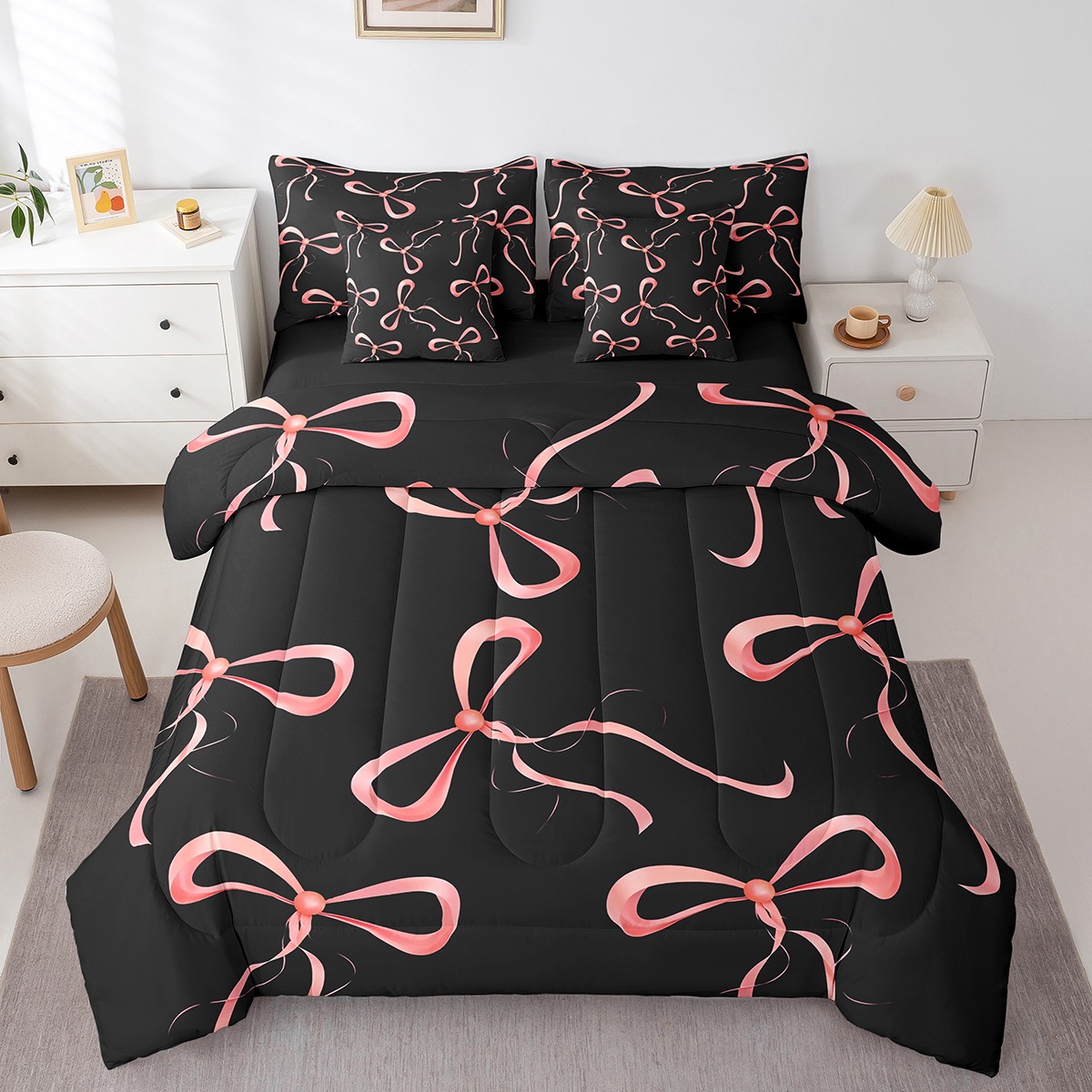 jejeloiu Chic Bow Knot 7pcs Bedding Comforter Set,Cute Kawaii Bow Queen ...