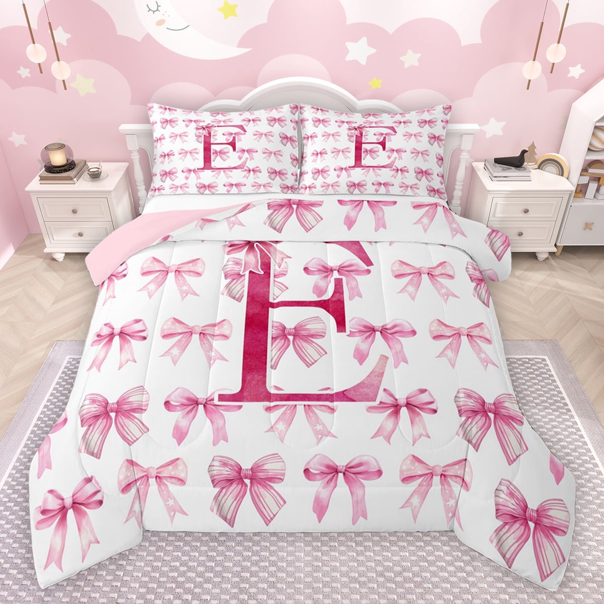 jejeloiu Chic Bow Ribbon Bedding Comforter Set,Girls Pink Bowknot Twin ...