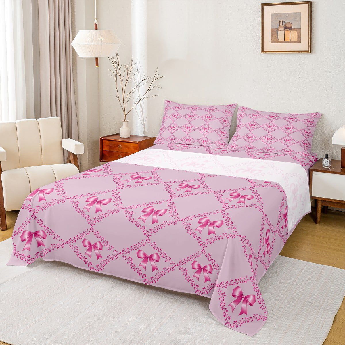 jejeloiu Chic Bowtie Full Size Sheets,Cute Ribbon Bow Bed Sheets,Pink ...