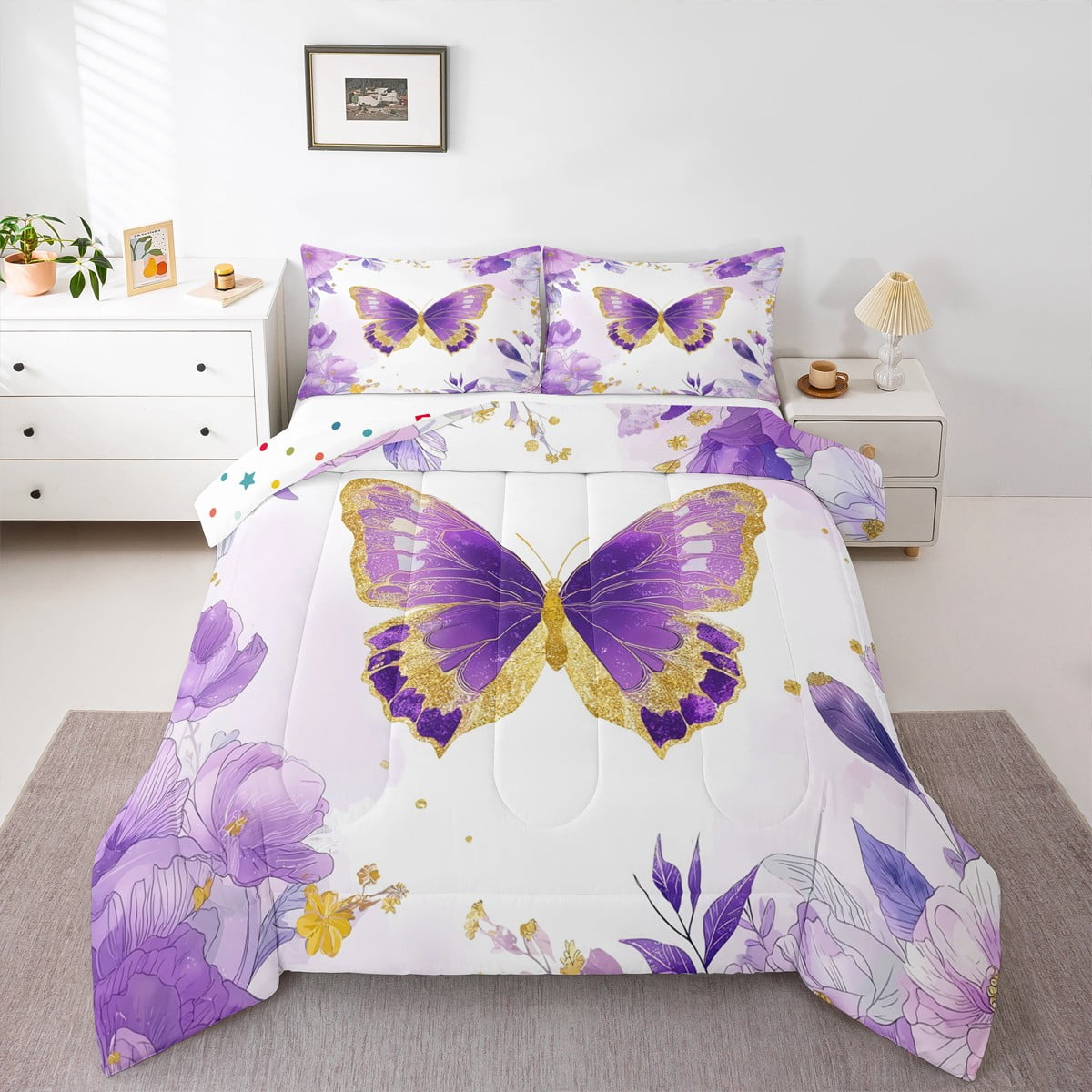 jejeloiu Chic Butterflies Full Size Comforter Sets,Retro Rustic Flower ...