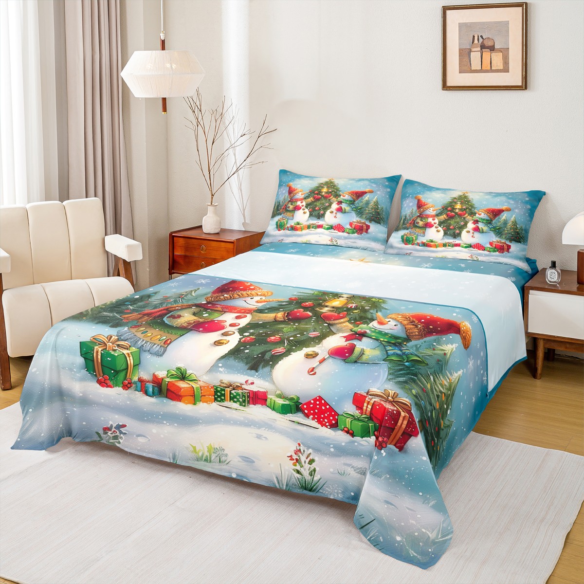 jejeloiu Chic Christmas Snowmen Queen Sheet Sets,Happy New Year Flat ...