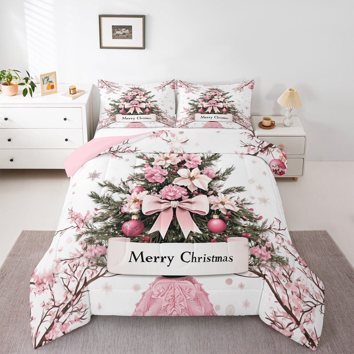 jejeloiu Chic Christmas Tree Full Size Comforter Sets,Pink Cherry ...