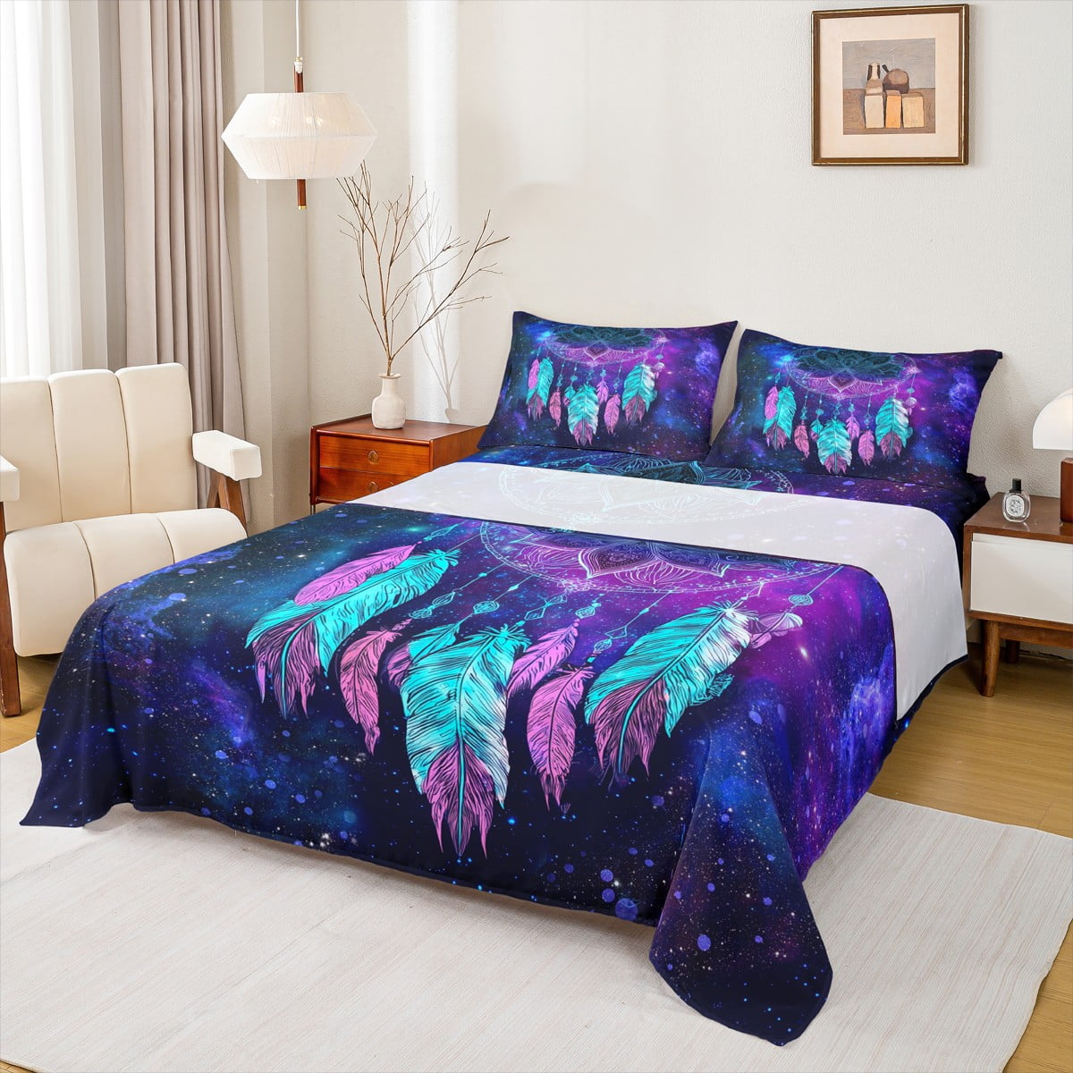 jejeloiu Chic Dreamcatcher Bed Sheets,Galaxy Starry Night King Sheets ...