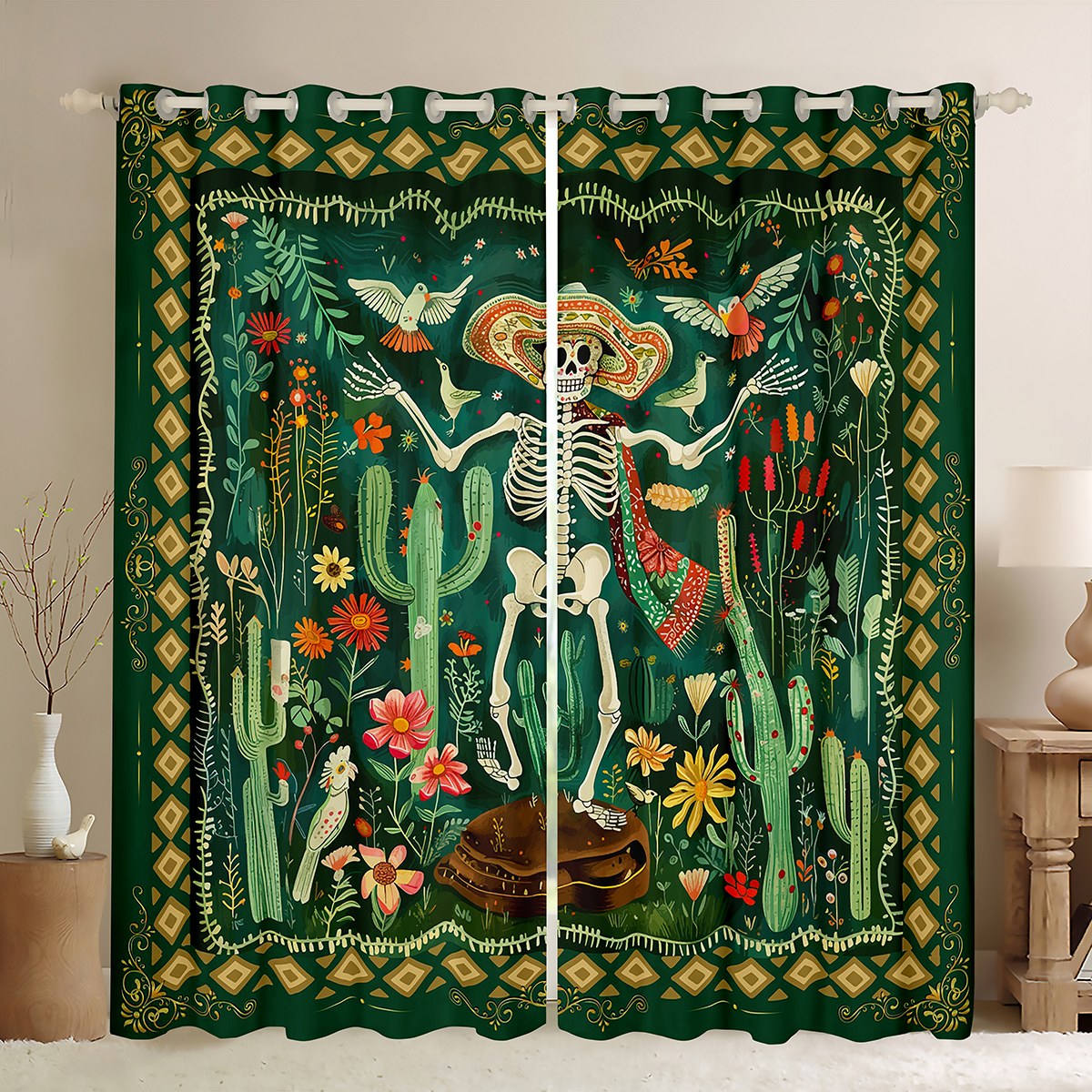 jejeloiu Chic Gothic Skeleton Black Out Curtains,Country Flower Cactus ...