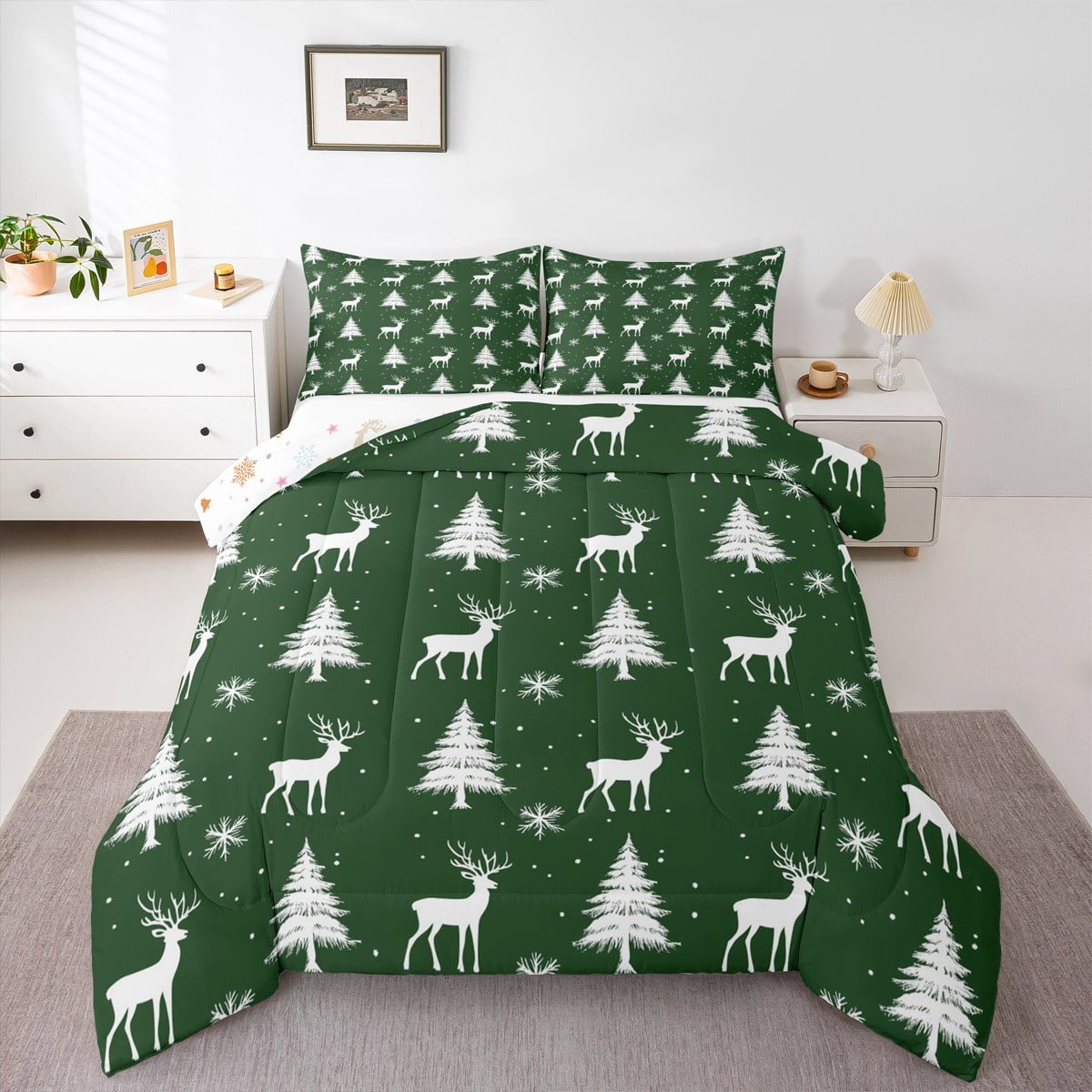 jejeloiu Christmas Tree Queen Comforter Set,Jungle Animal Deer Bedding ...
