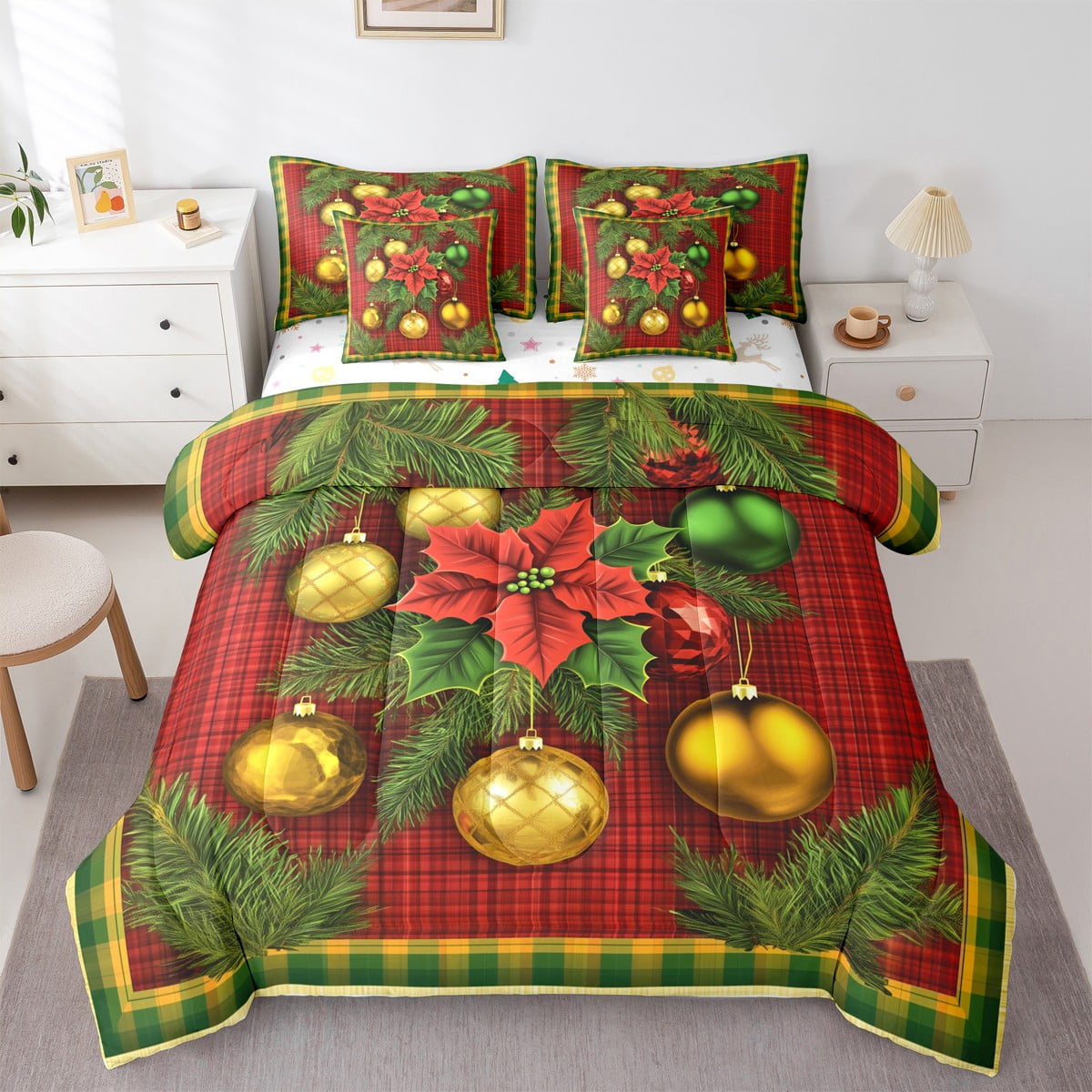 jejeloiu Christmas Tree Twin Bedding Sets 7-Piece,Gold Xmas Ball ...