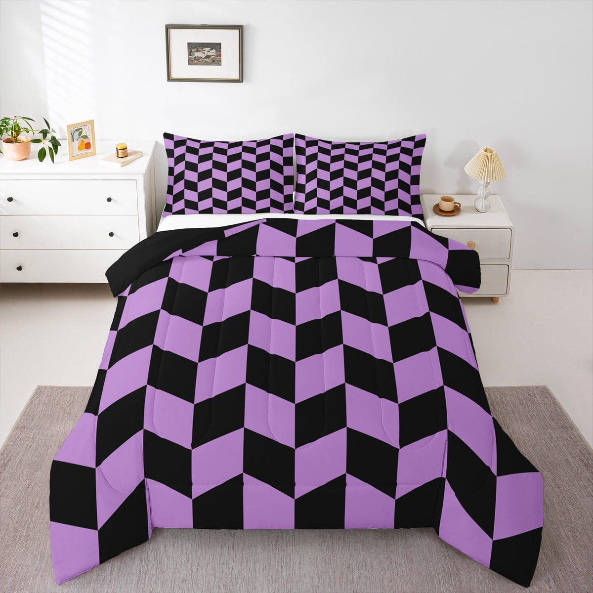 jejeloiu Classic Grid Bedding Comforter Set,Minimalism Geometric ...
