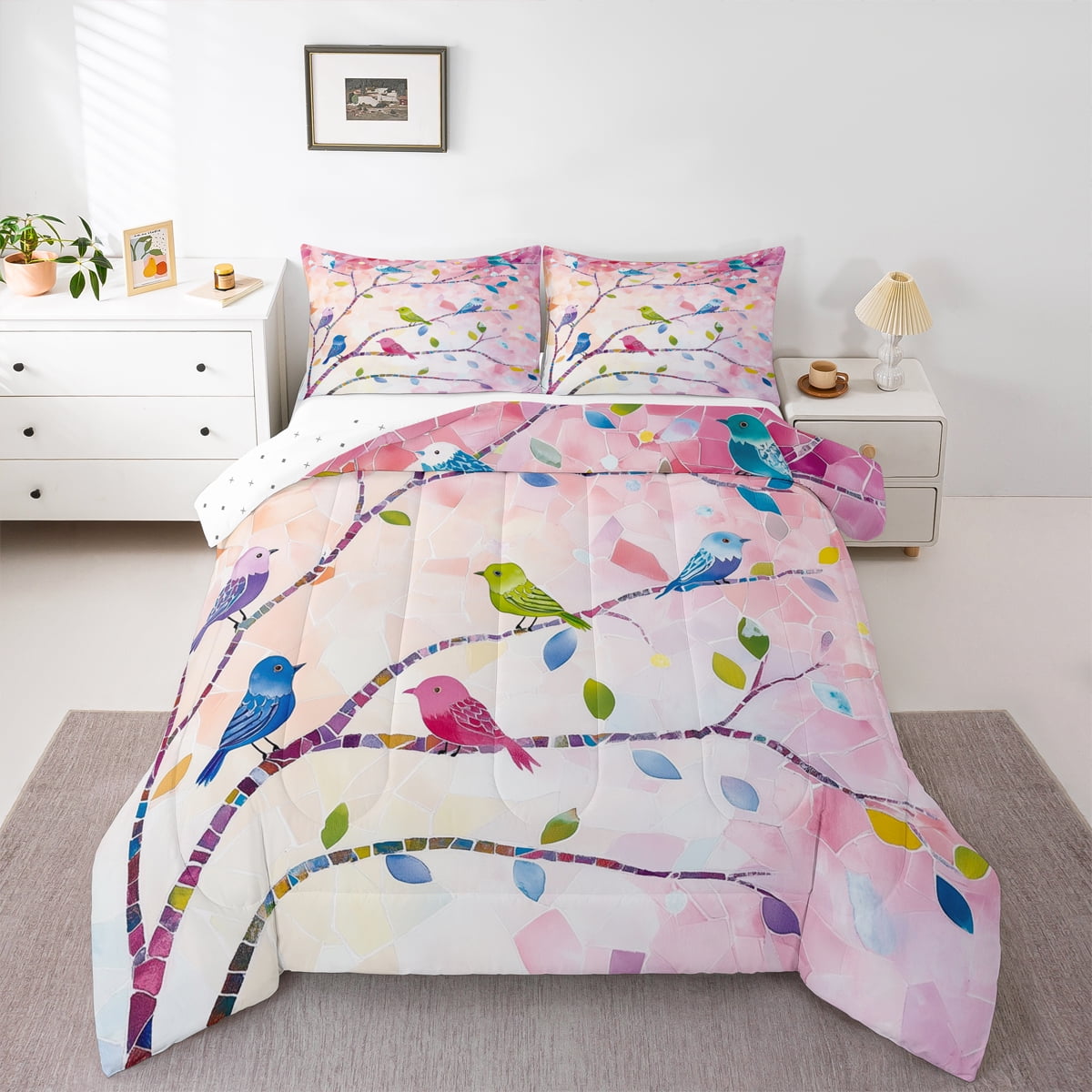 jejeloiu Colorful Bird Hummingbird Queen Comforter Set,Rainbow Branch ...