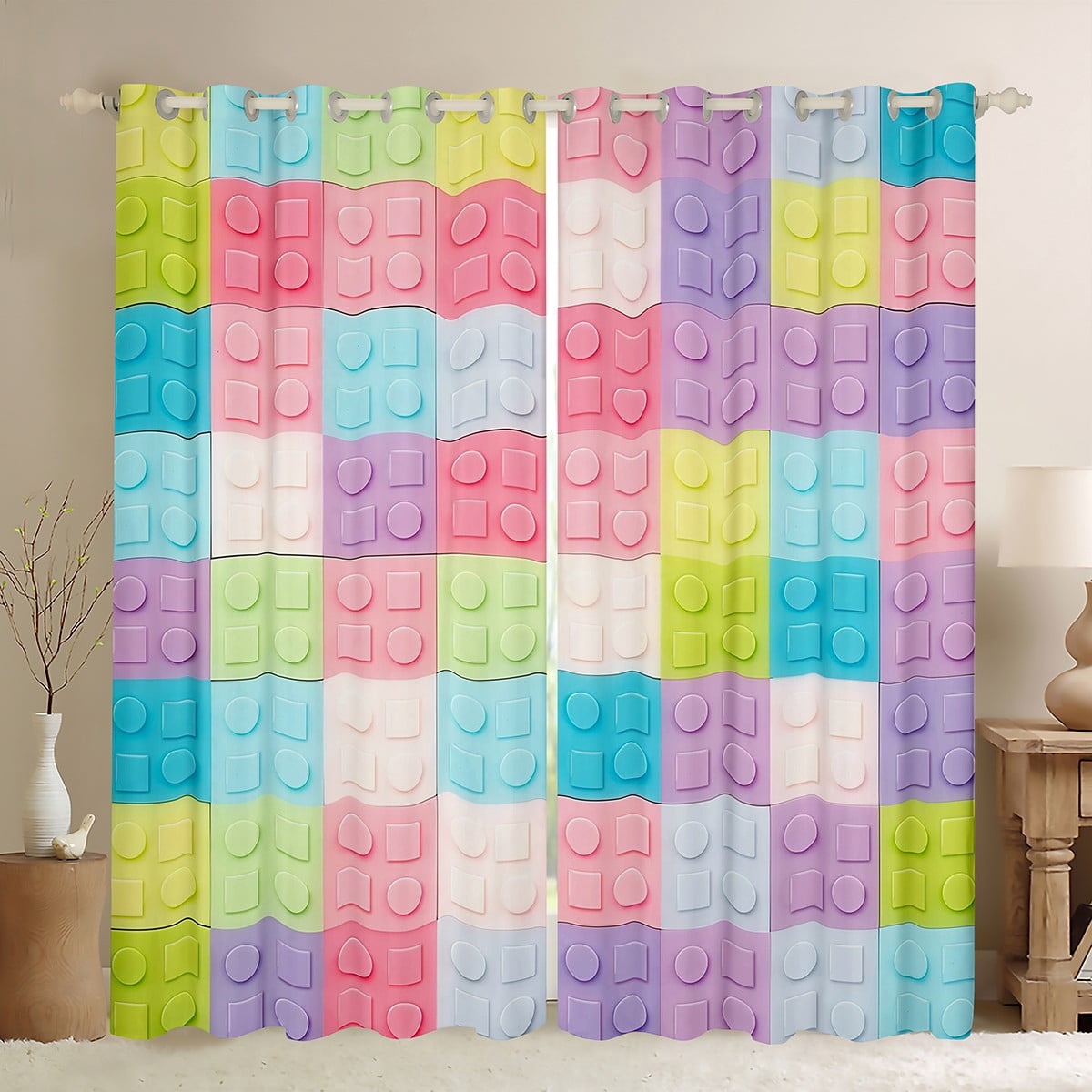 jejeloiu Colorful Building Blocks Blackout Curtains Set of 2 (52x84 ...