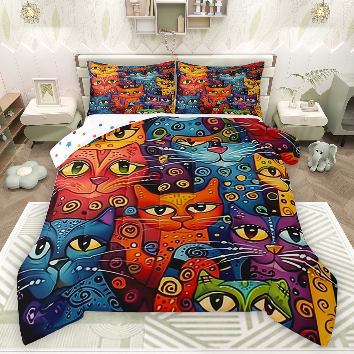 jejeloiu Colorful Cartoon Cat Queen Comforter Set,Bohemian Kitten ...