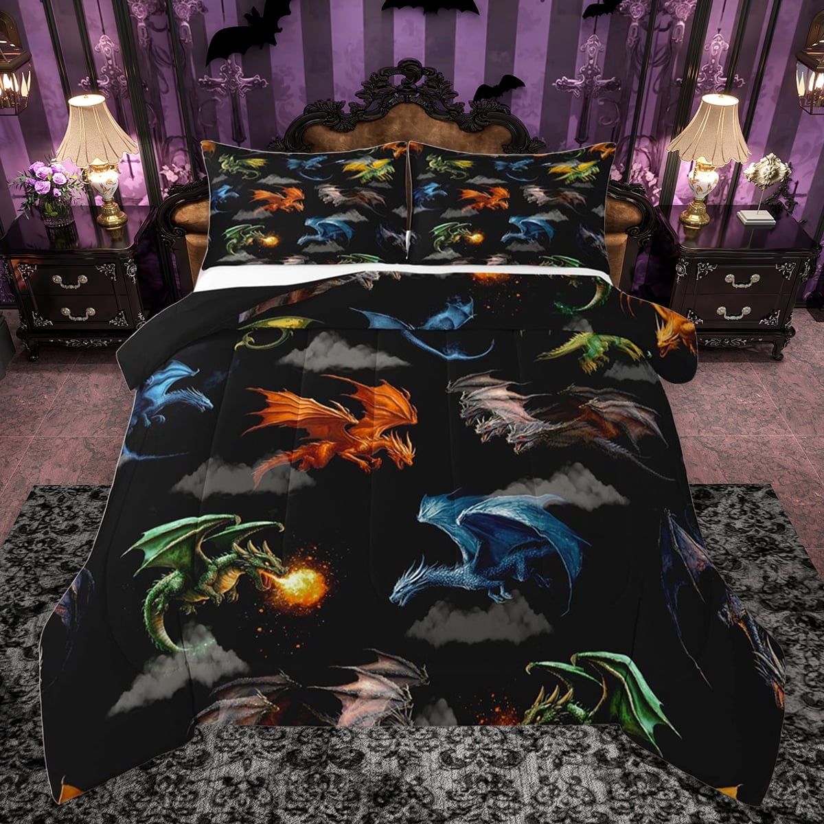 jejeloiu Colorful Cartoon Dragon Bedding Comforter Set,Magic Animal ...