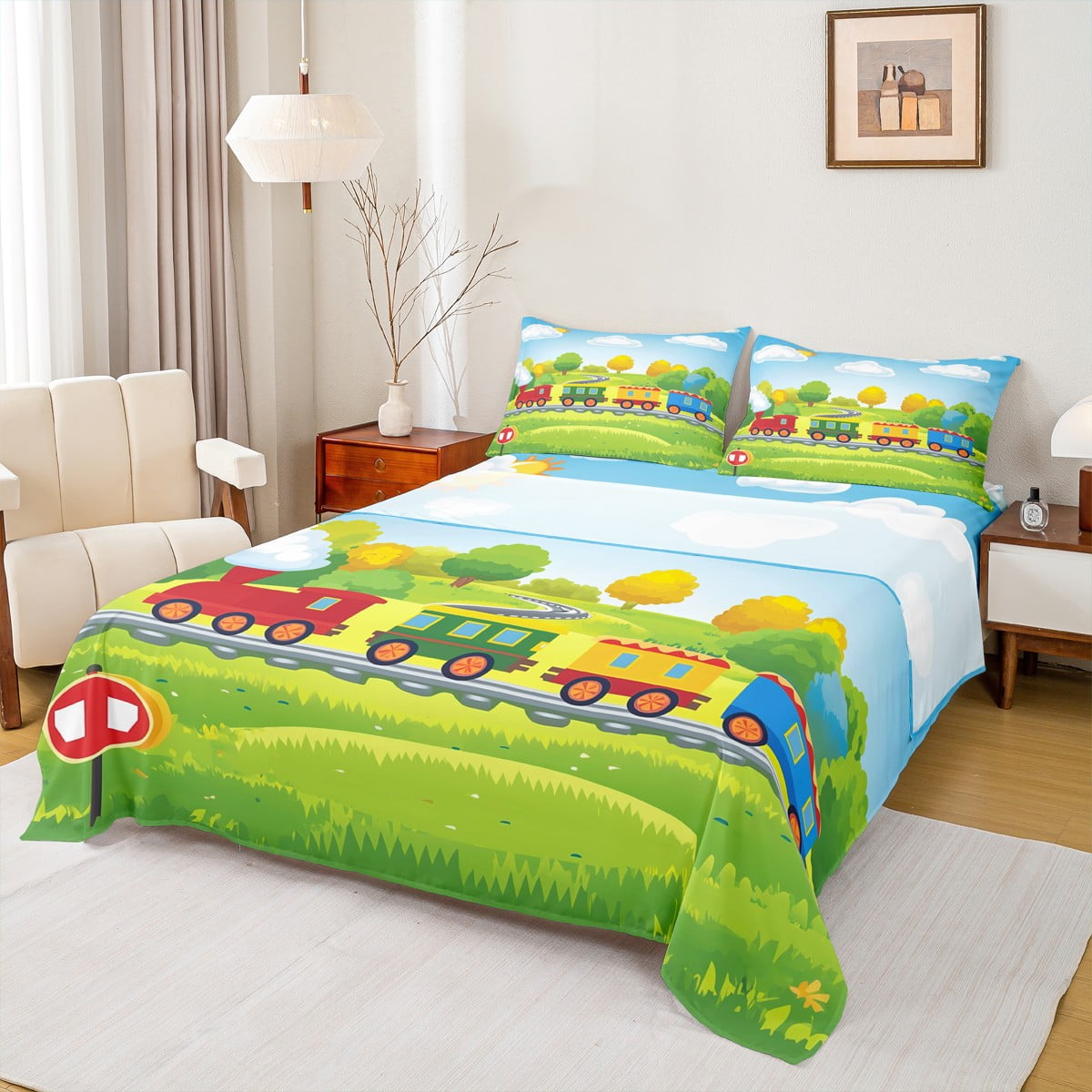jejeloiu Colorful Cute Train Bed Sheets,Cartoon Steam Truck King Sheets ...