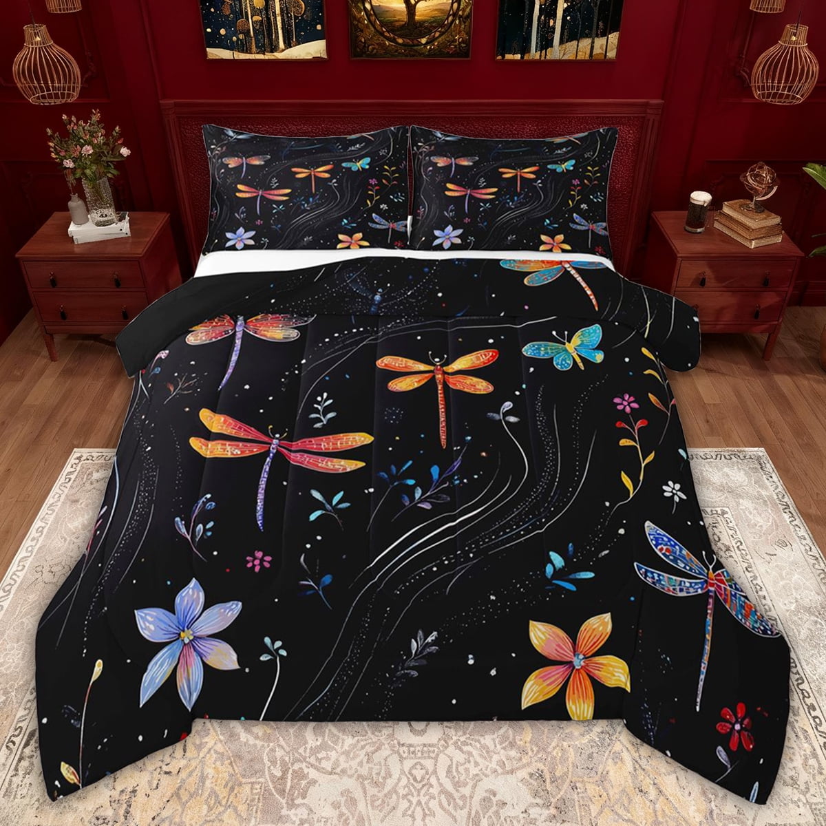 jejeloiu Colorful Dragonfly Queen Comforter Set,Kawaii Flower Floral ...