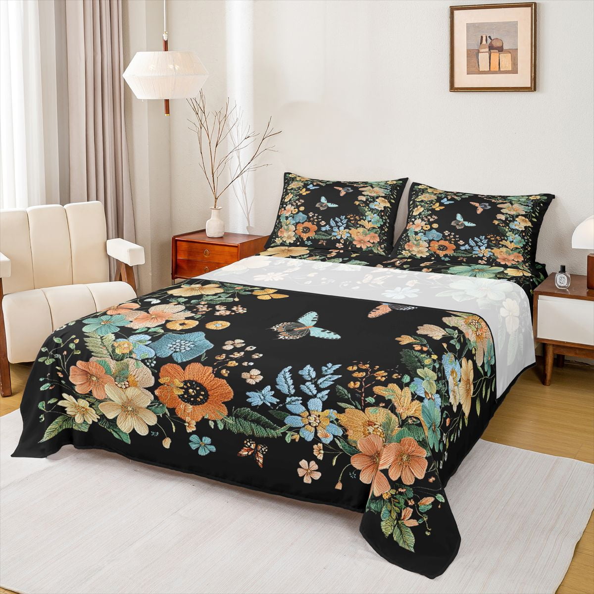 jejeloiu Colorful Flower Queen Sheet Sets,Rustic Floral Flat Sheet ...
