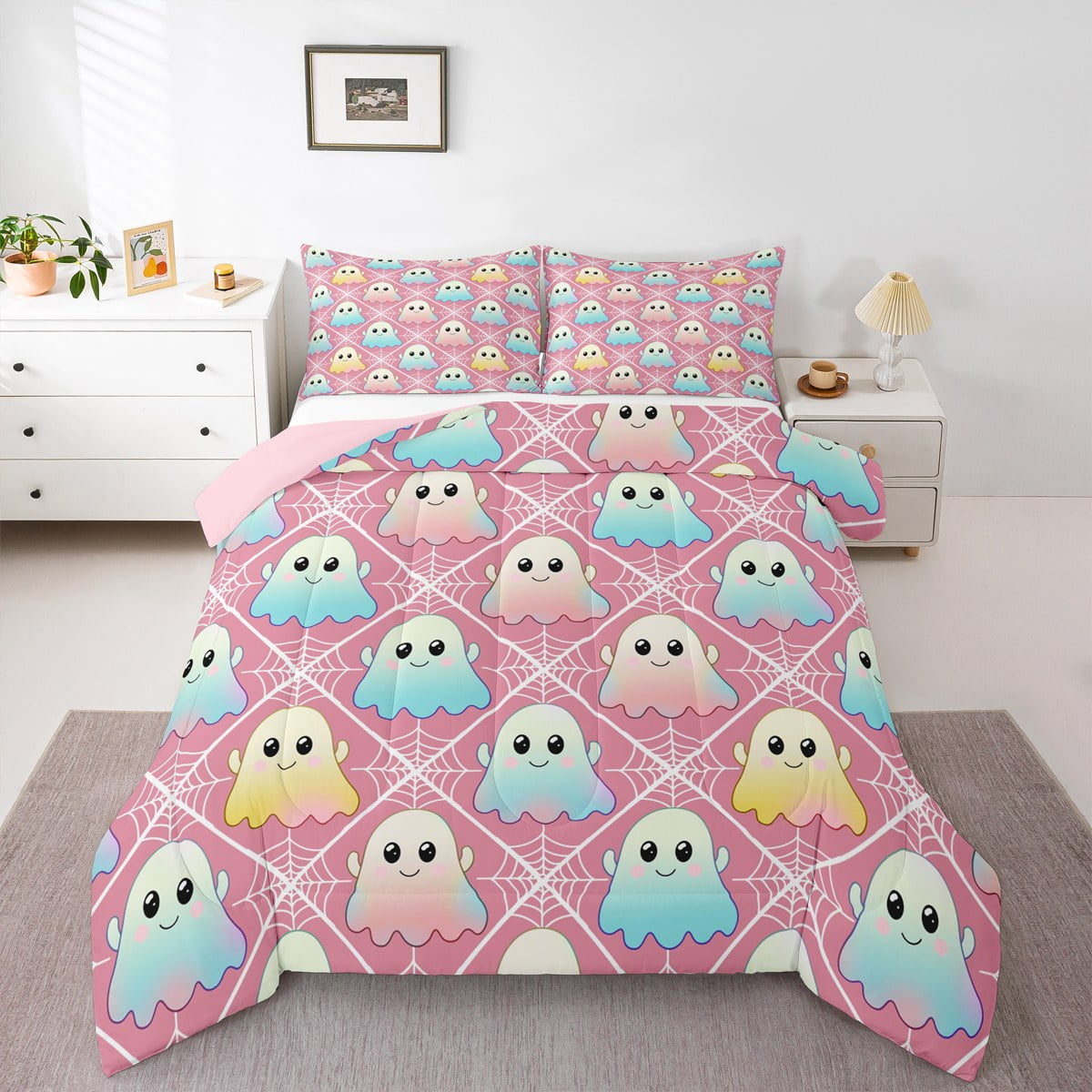 jejeloiu Colorful Ghost Bedding Comforter Set,Halloween Spider Webs ...