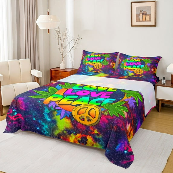 jejeloiu Colorful Gradient Sky Full Size Sheets,Green Tropical Leaf Bed ...