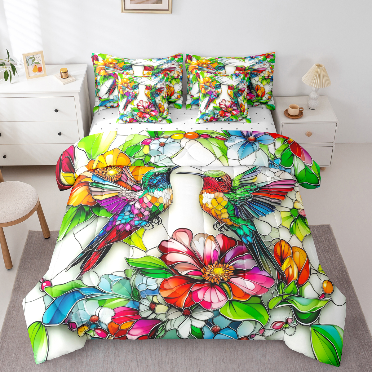 jejeloiu Colorful Hummingbird 7pcs Bedding Comforter Set,Rainbow Flower ...