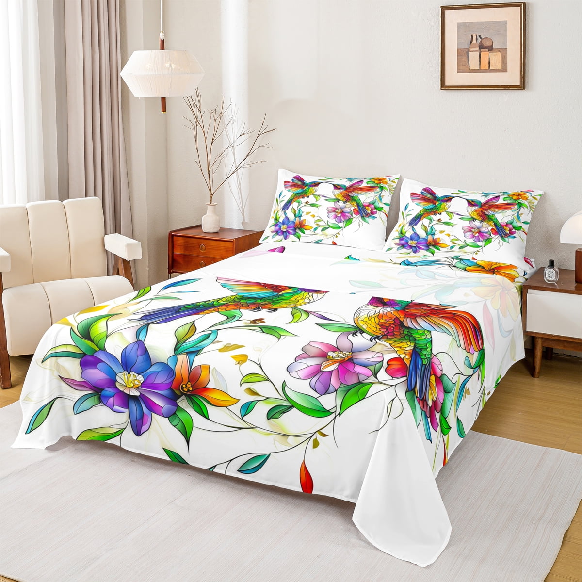 jejeloiu Colorful Hummingbird Full Size Sheets,Rustic Flower Bed Sheets ...