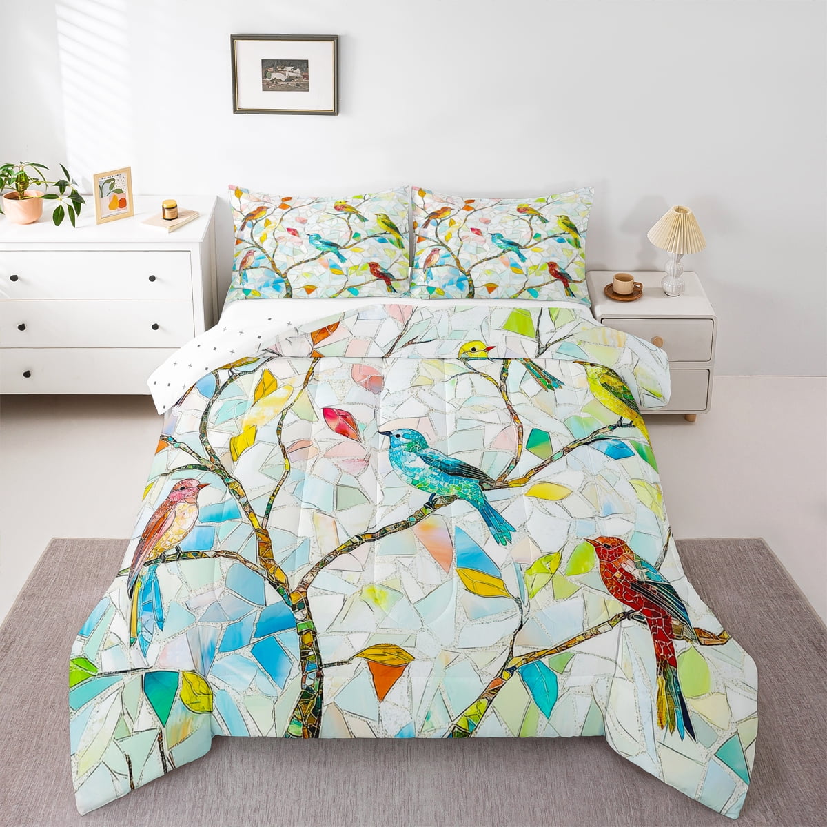 jejeloiu Colorful Hummingbird Queen Comforter Set,Rainbow Glass Art ...