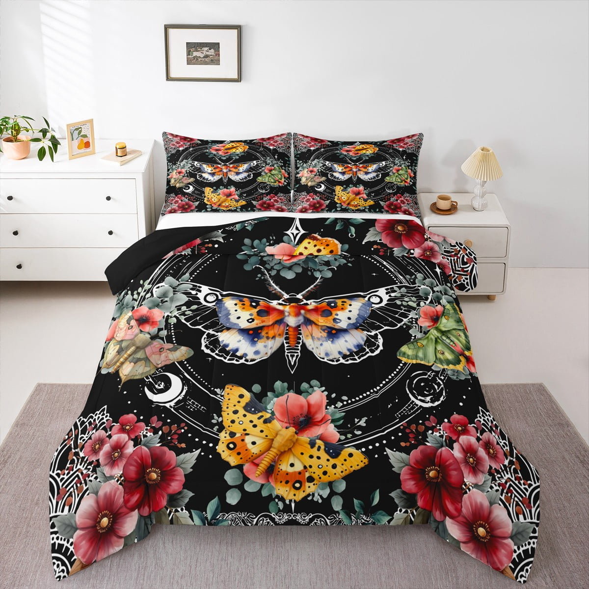 jejeloiu Colorful Moth Gothic Full Size Comforter Sets,Vintage Flower ...