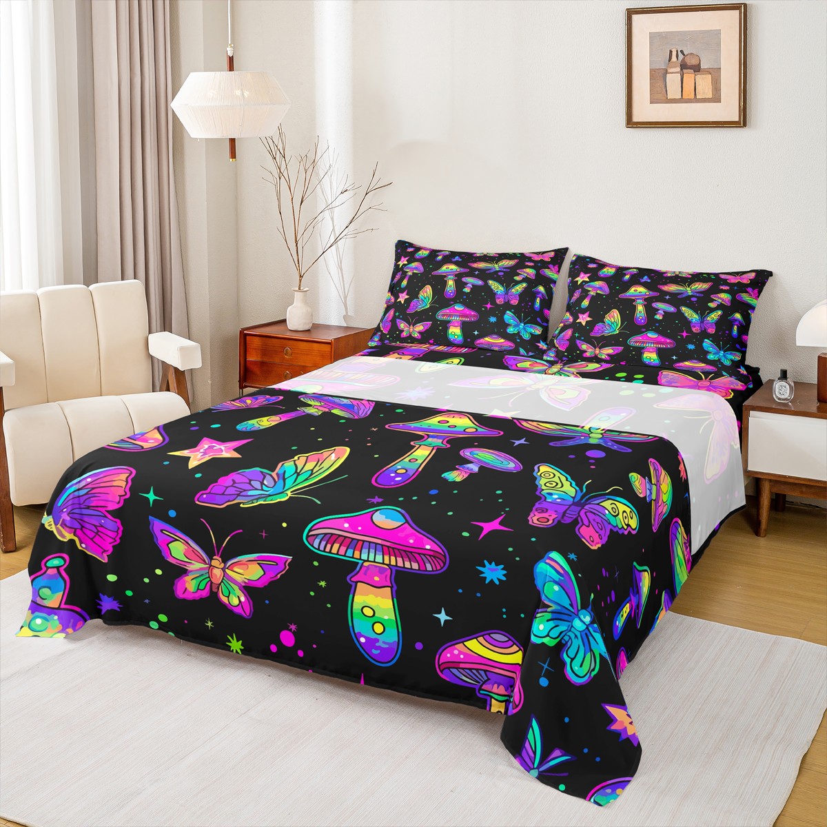 jejeloiu Colorful Neon Mushroom Bed Sheets,Boho Style Butterfly King ...