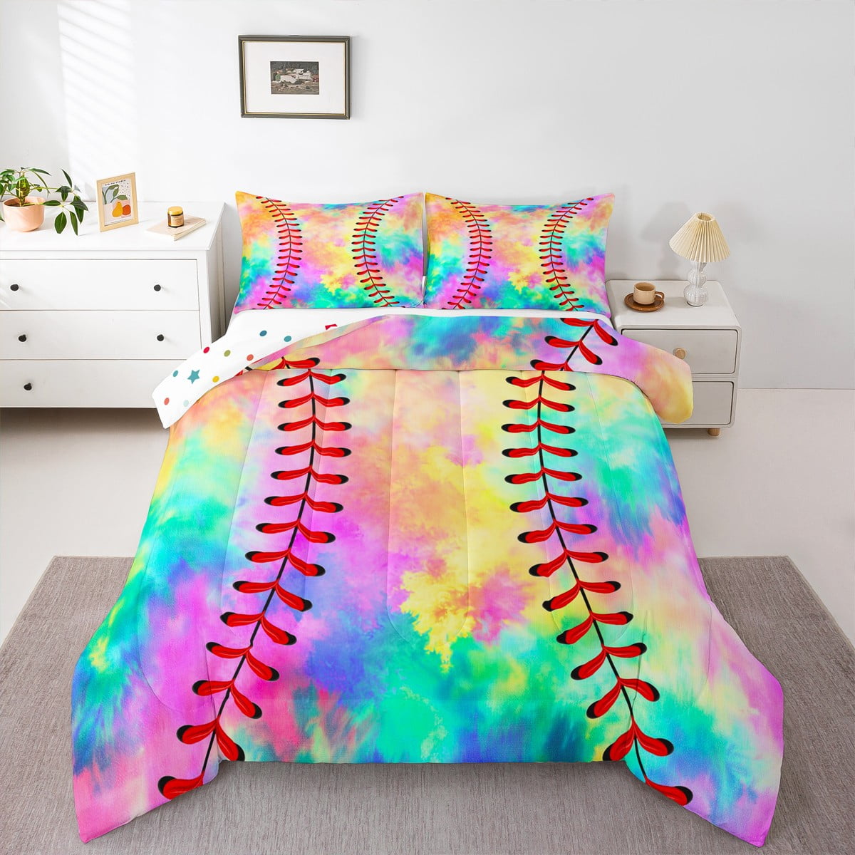 jejeloiu Colorful Tie Dye Queen Comforter Set,Girls Baseball Bedding ...