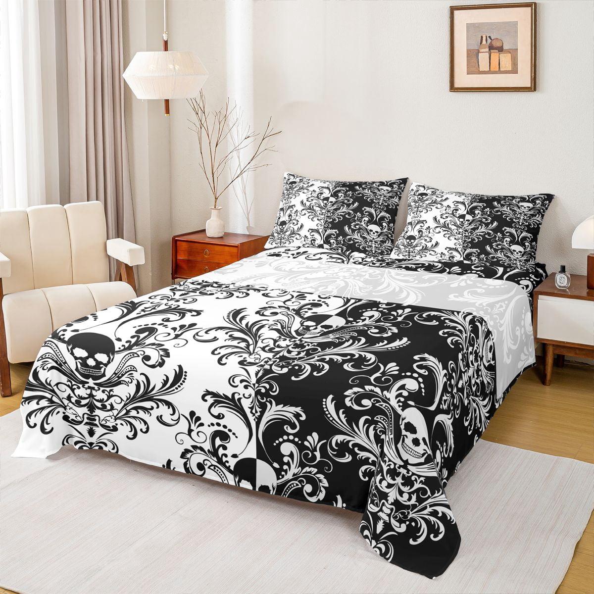 jejeloiu Contrast Skull King Sheets,Intricate Damask Bedding For Adults ...