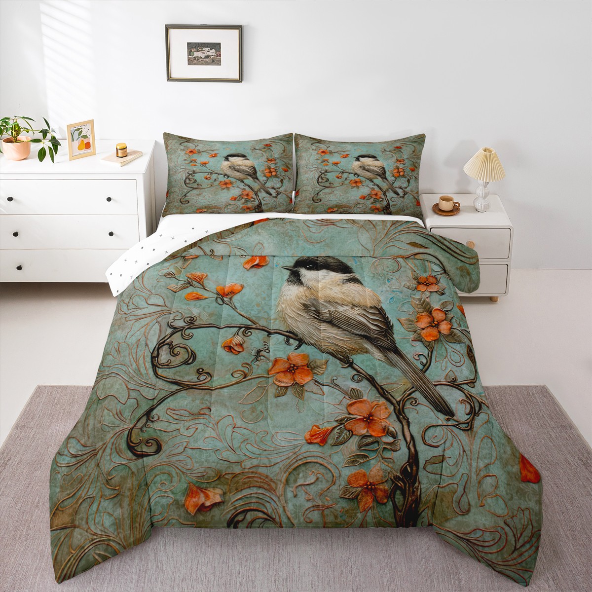 jejeloiu Country Bird Flower Queen Comforter Set,Rustic Farmhouse ...