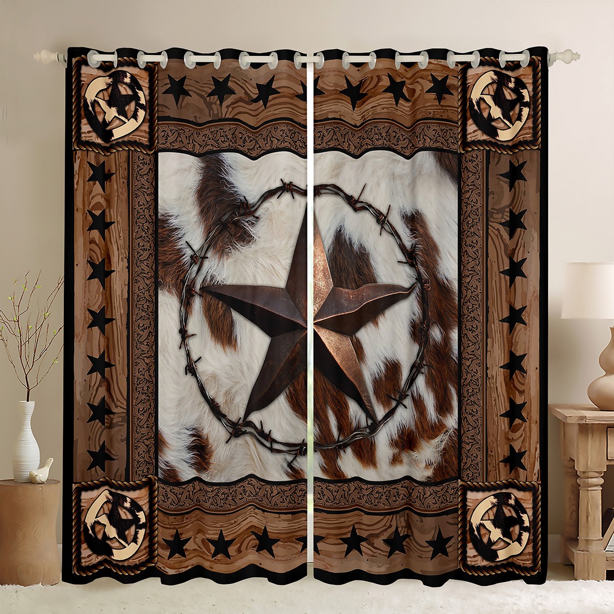 jejeloiu Cow Cattle Hide Black Out Curtains,Rustic Texas Stars Curtains ...