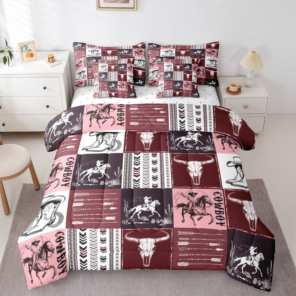 jejeloiu Cowboys Boots Horse Twin Bedding Sets 7-Piece,Vintage Bull ...