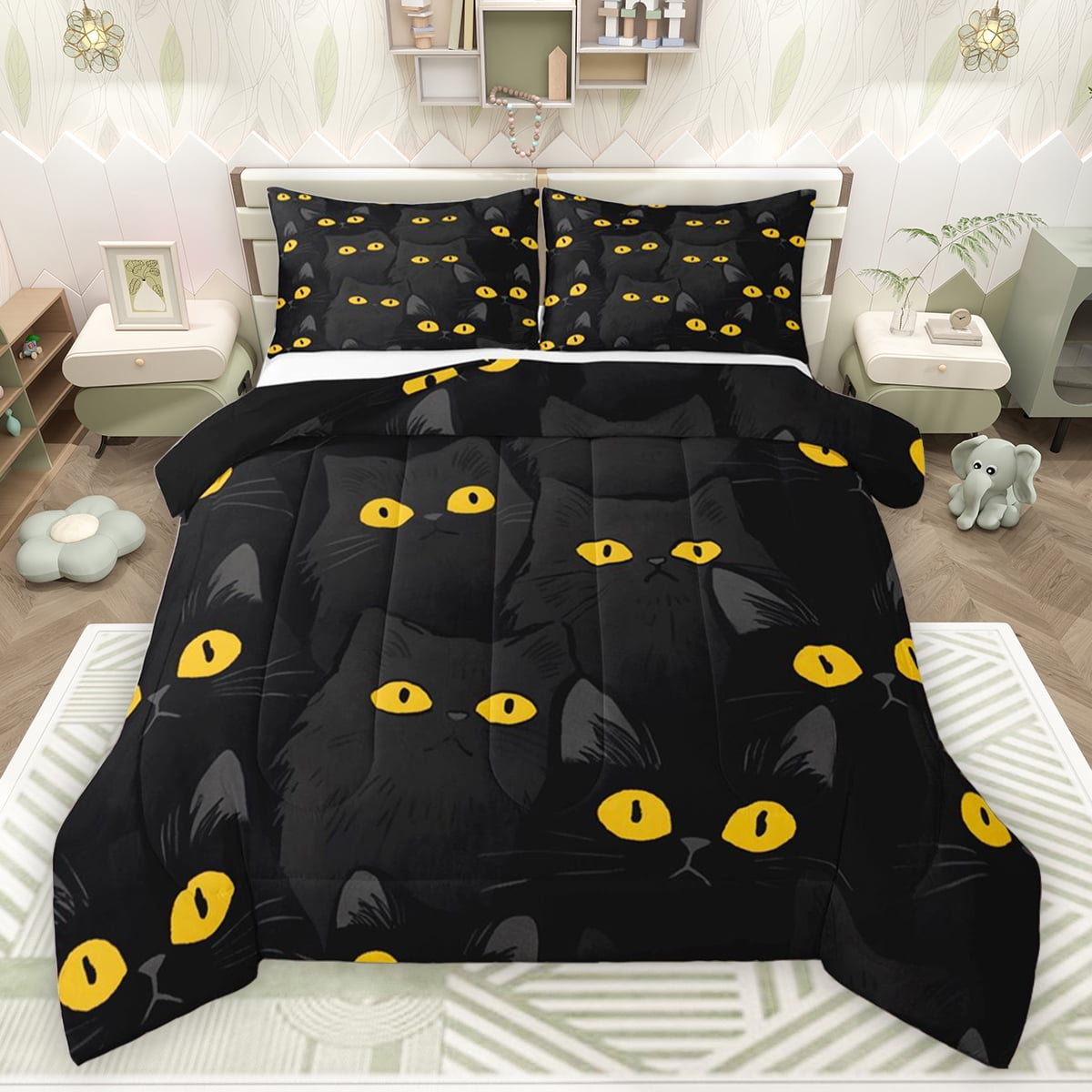jejeloiu Cute Animal Cat Queen Comforter Set,Kawaii Kitten Pattern ...