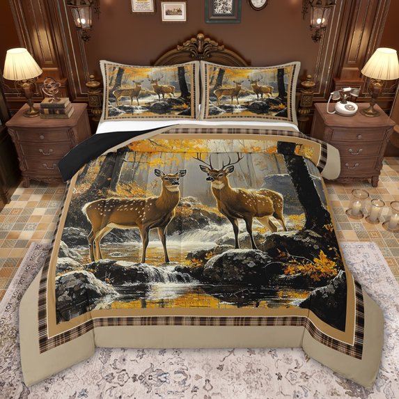 jejeloiu Cute Animal Deer Queen Comforter Set,Rustic Plant Leaves ...