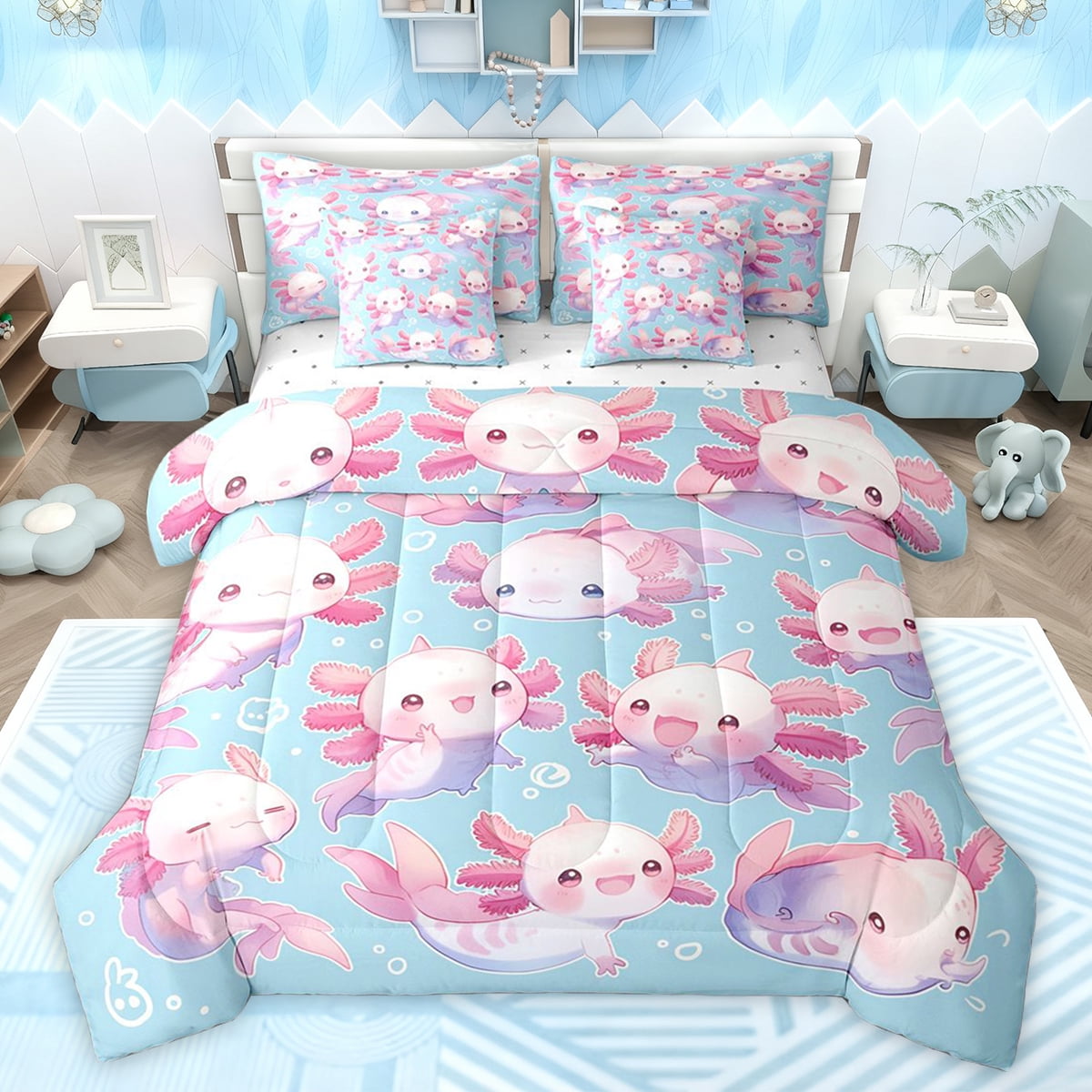 jejeloiu Cute Axolotl 7-Piece Bedding Comforter Set,Cartoon Ocean ...