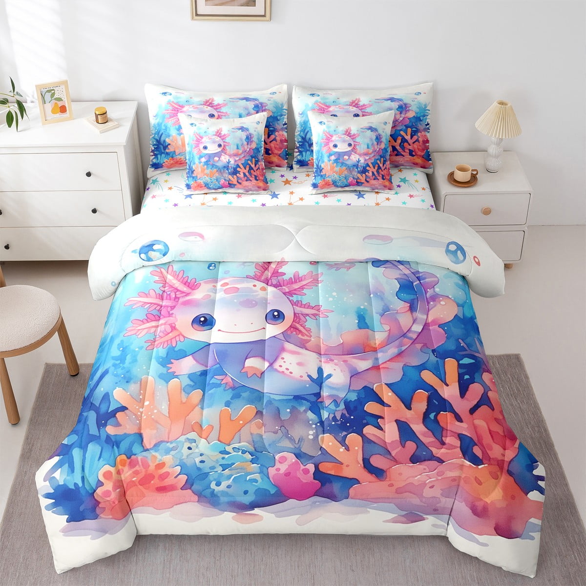 jejeloiu Cute Axolotl Bedding Comforter Set 7-Piece,Cartoon Animal King Bedding Sets,Colorful ...