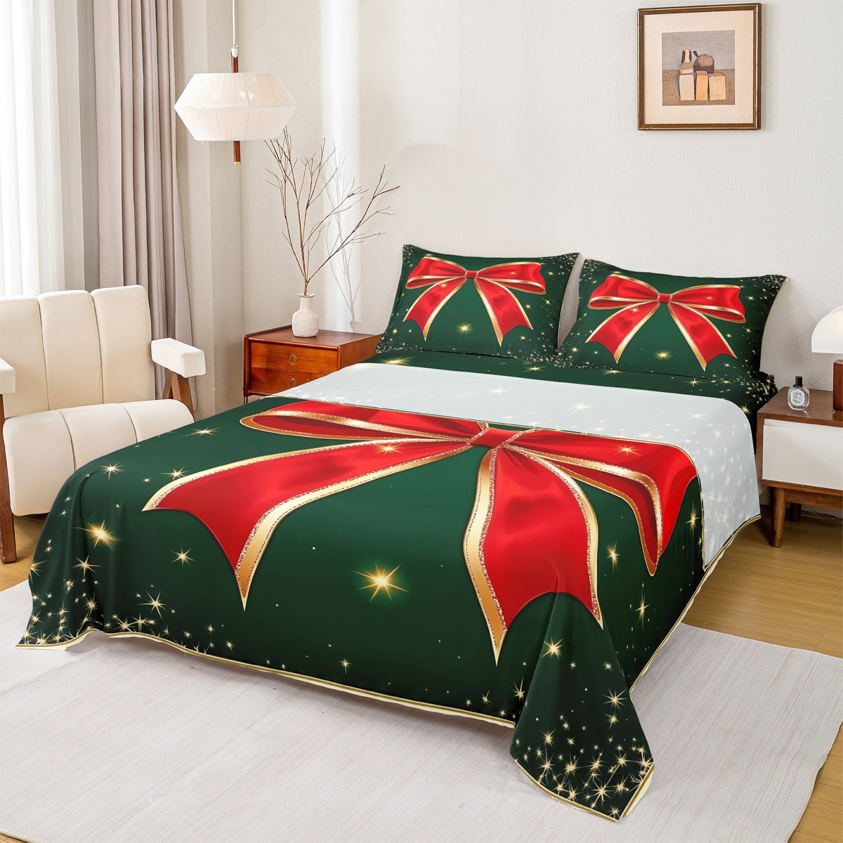 jejeloiu Cute Bow Bowtie Queen Sheet Sets,Gold Glitter Print Flat Sheet ...