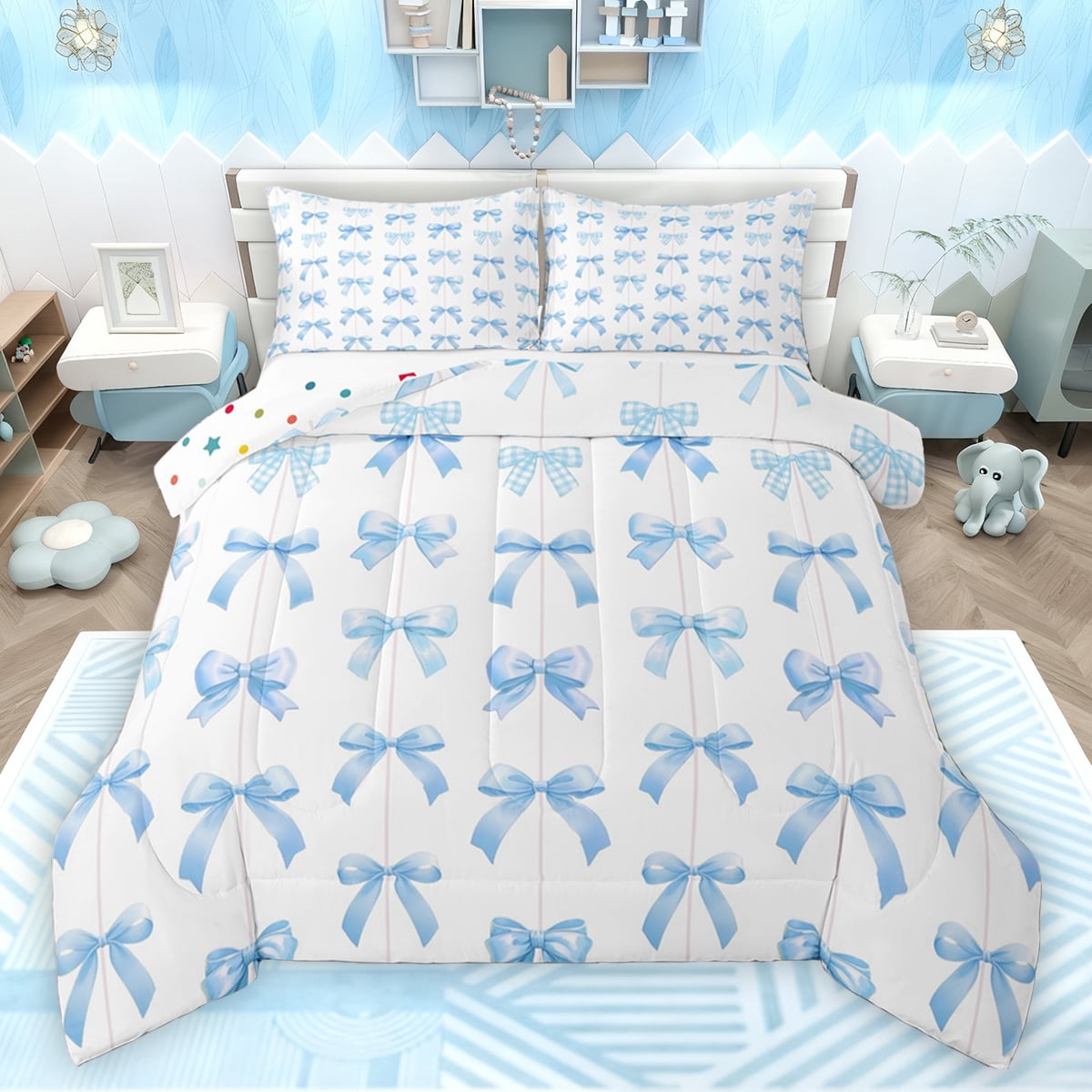 jejeloiu Cute Bow Ribbon Queen Comforter Set,Cartoon Bow Knot Bedding ...