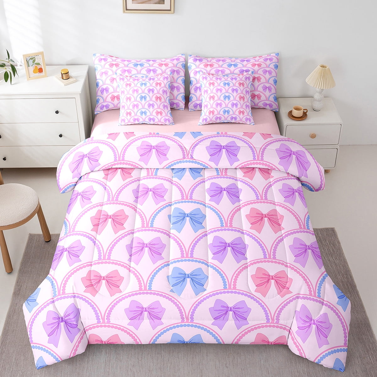 jejeloiu Cute Bowknot Bedding Comforter Set,7-Piece,Ribbon Bow King ...