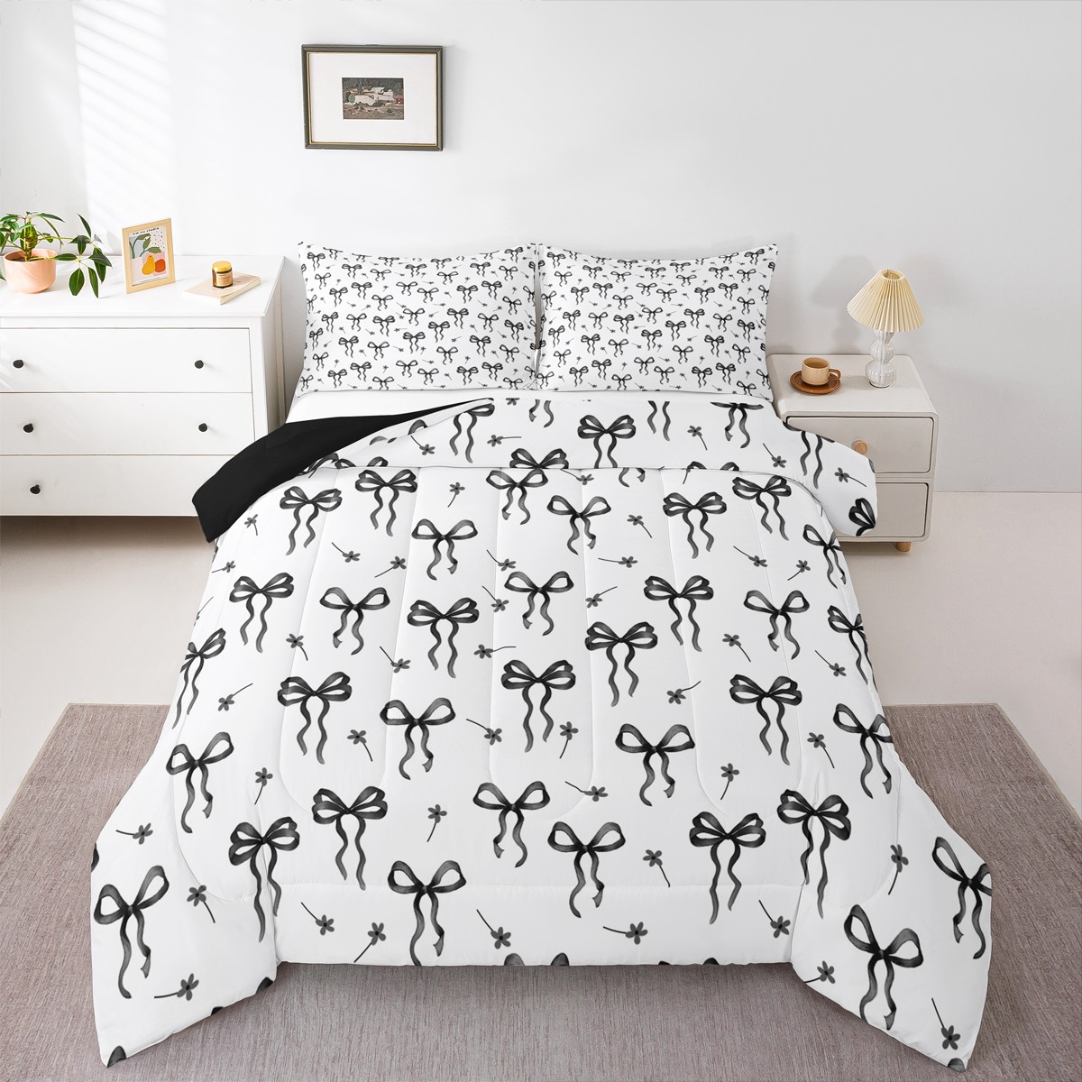 jejeloiu Cute Bowknot Bedding Comforter Set,Black Flower Floral Twin ...