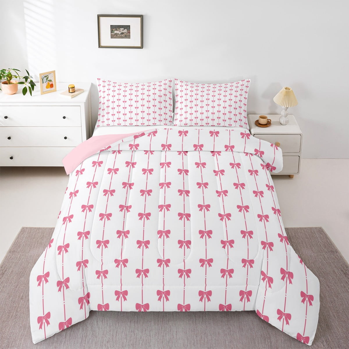 jejeloiu Cute Bowknot Bedding Comforter Set,Ribbon Bow Twin Comforter Sets,Pink Geometric ...