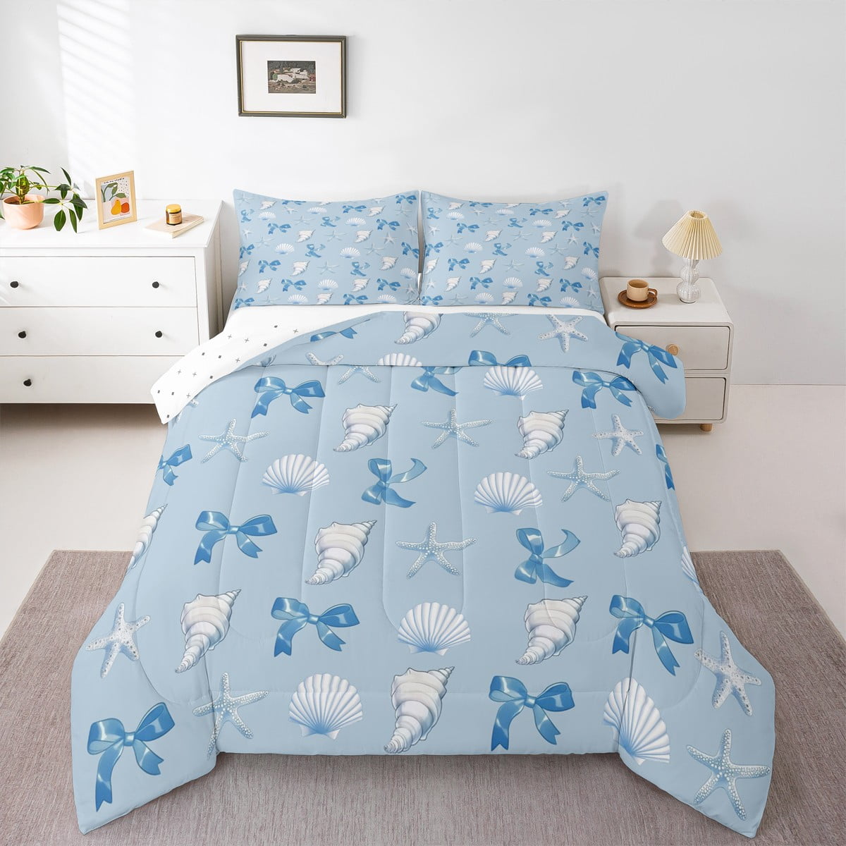 jejeloiu Cute Bowknot Bow Bedding Comforter Set,Ocean Conch Starfish ...