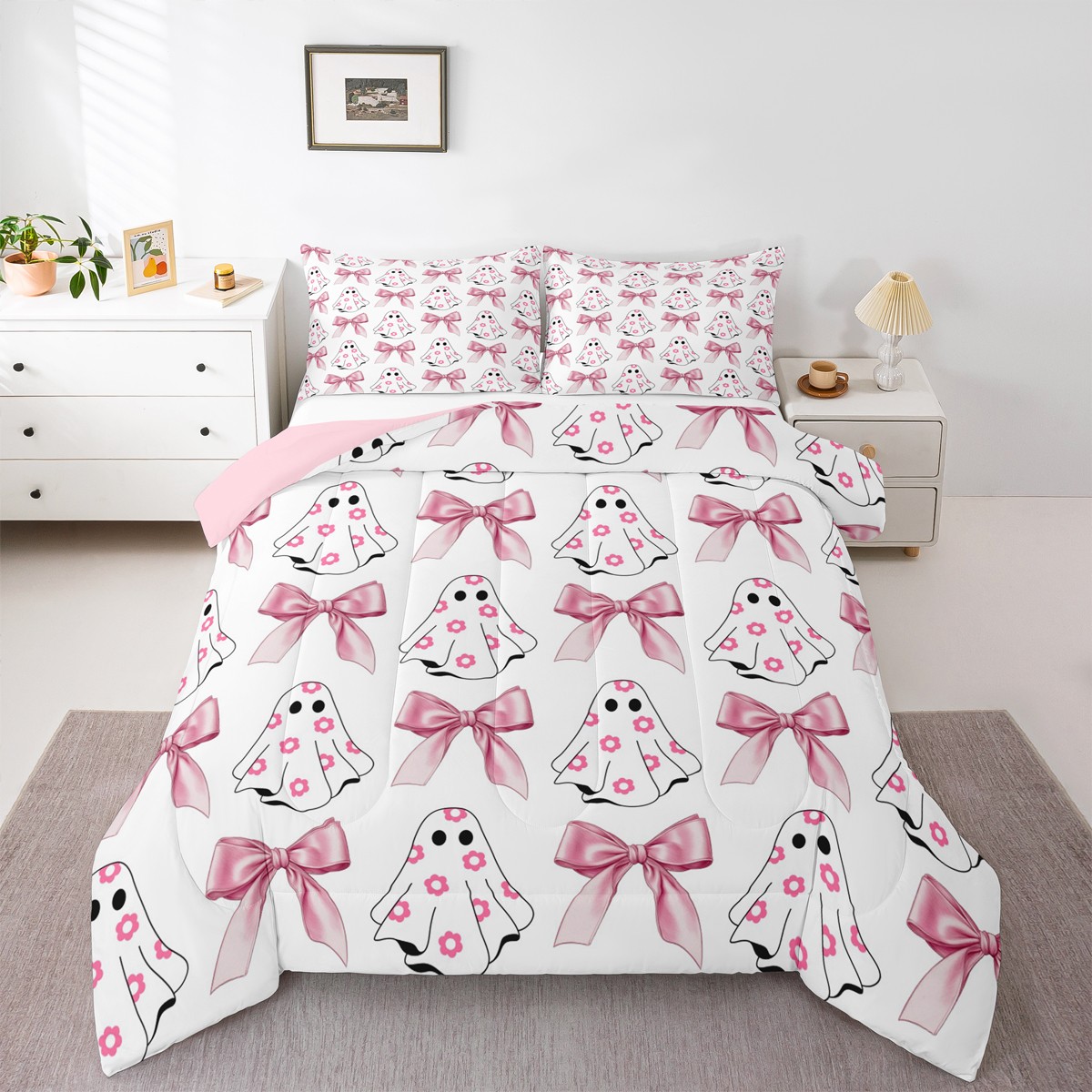 jejeloiu Cute Bowknot Bow Queen Comforter Set,Cartoon Flower Ghost ...