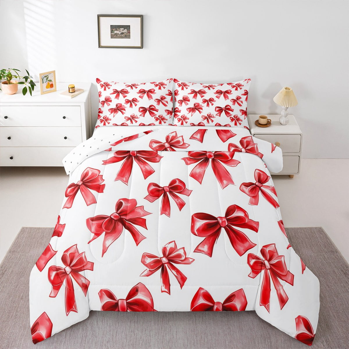 jejeloiu Cute Bowknot Queen Comforter Set,Girl Ribbon Bow Bedding Sets ...
