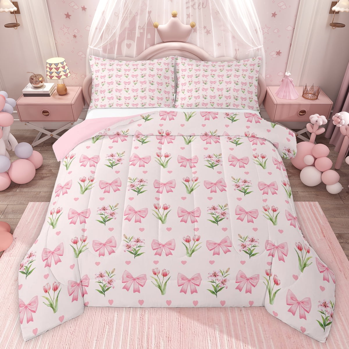 jejeloiu Cute Bowknot Queen Comforter Set,Pink Tulip Floral Bedding ...