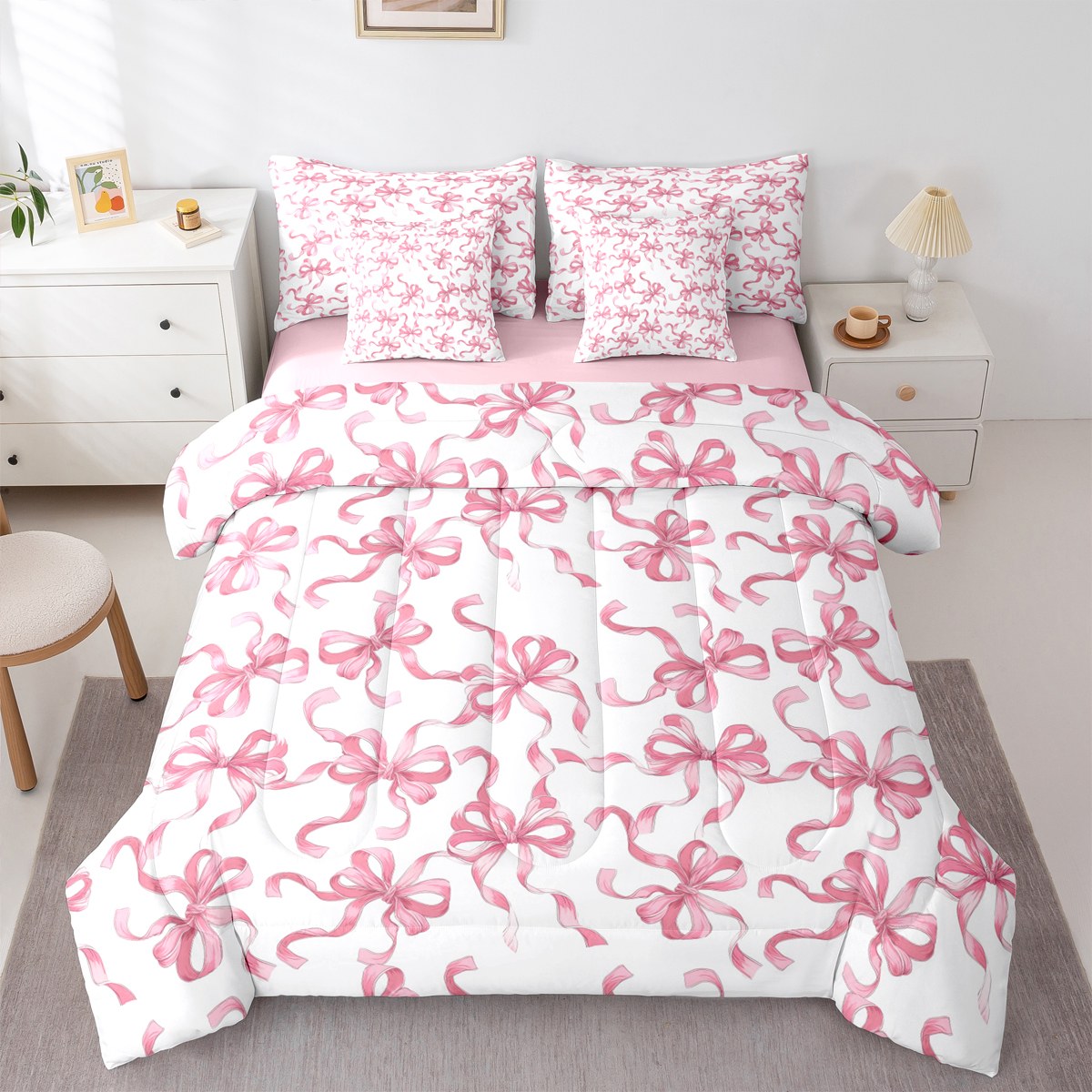 jejeloiu Cute Bowknot Twin Bedding Sets 7-Piece,Ribbon Bow Bedding ...