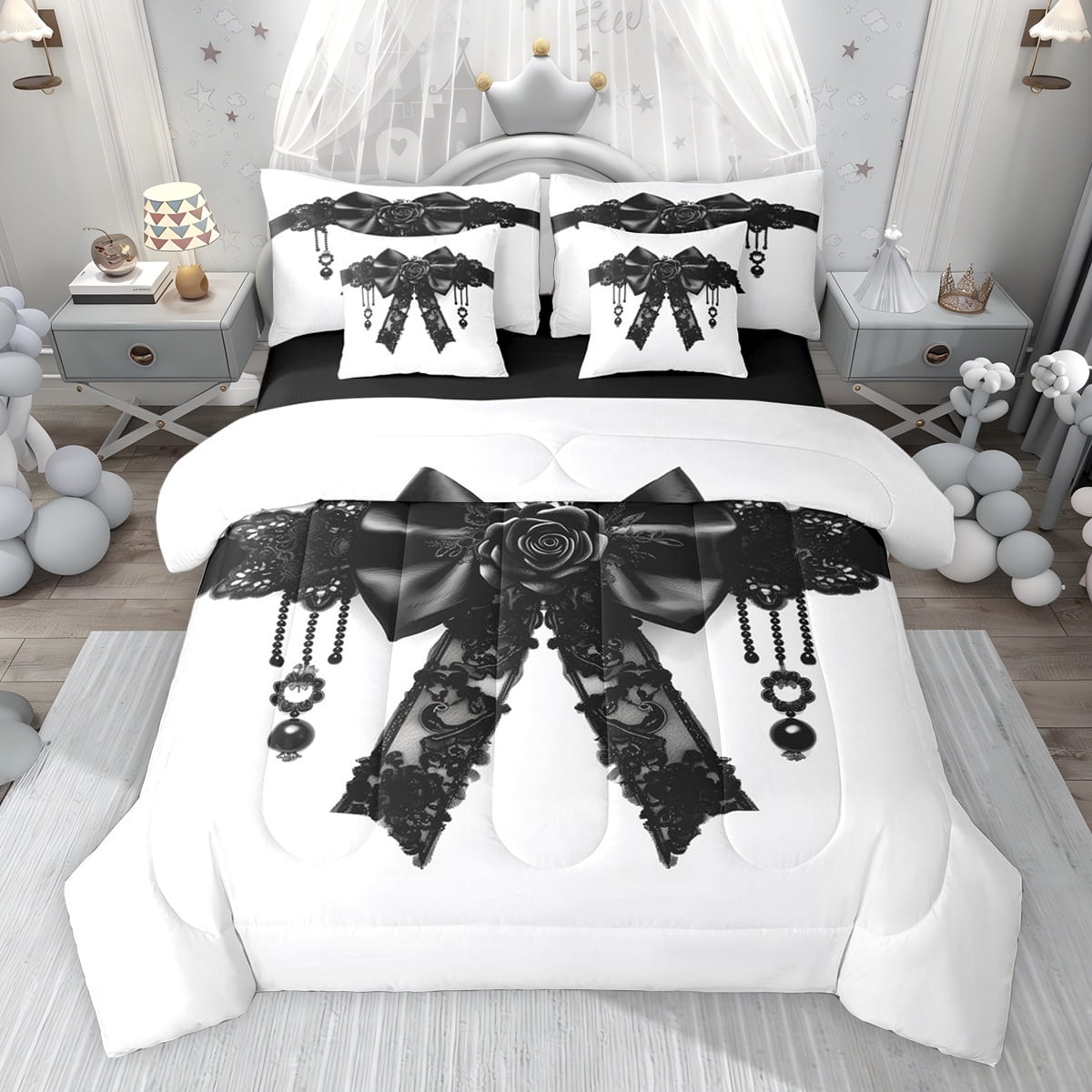 jejeloiu Cute Bowtie Bow 7pcs Bedding Comforter Set,Black Bowknot Queen ...