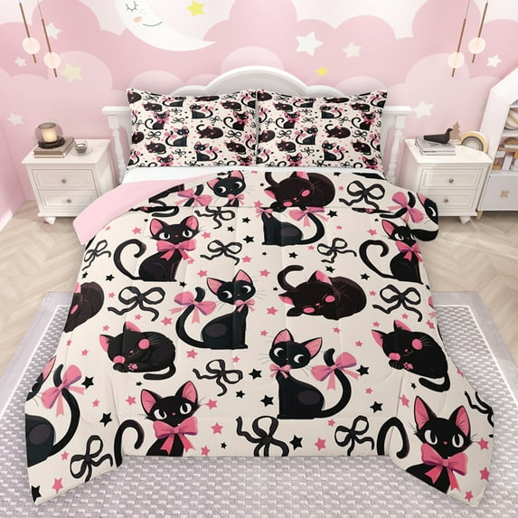 jejeloiu Cute Bowtie Ribbon Full Size Comforter Sets,Kawaii Kitten ...