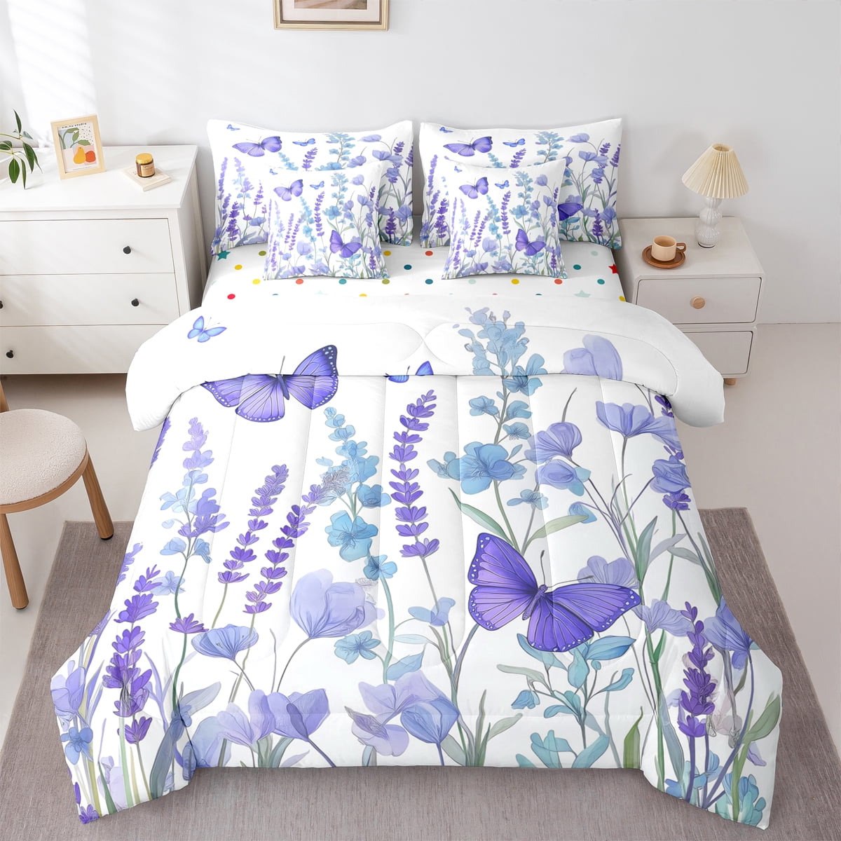 jejeloiu Cute Butterflies 7-Piece Twin Bedding Sets,Rustic Lavender ...