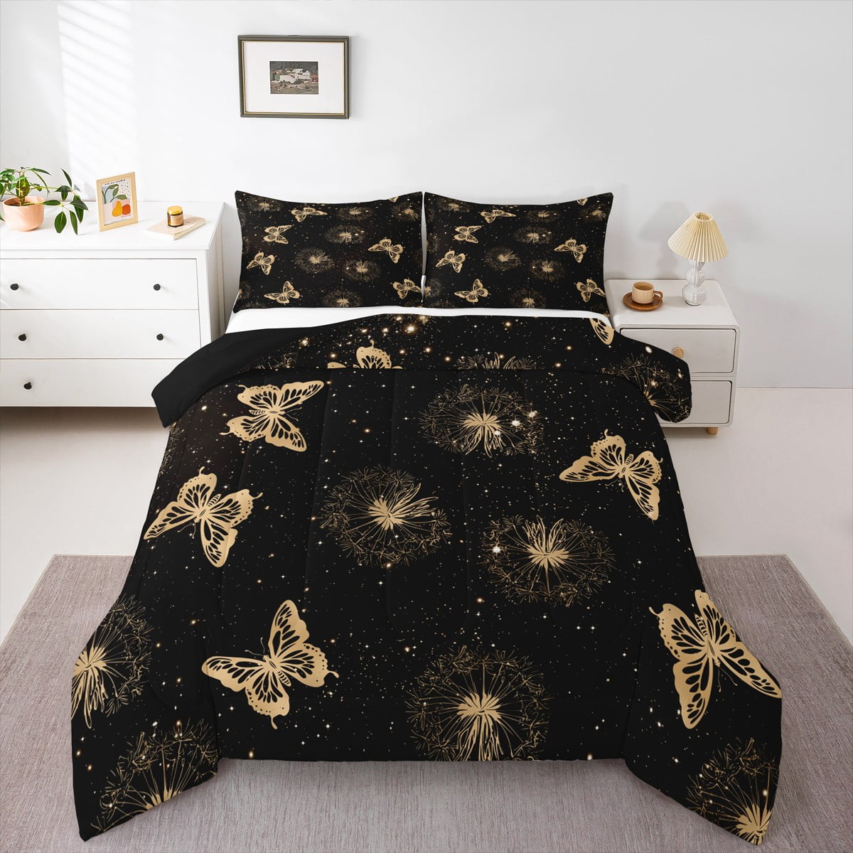 jejeloiu Cute Butterflies Bedding Comforter Set,Rustic Dandelion Twin ...